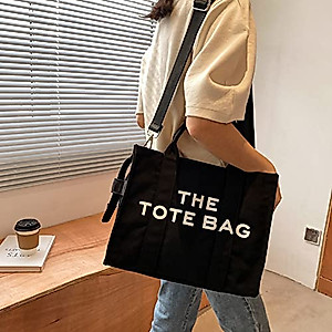 Canvas Tote Handbag Shoulder Bag, Letter Printing Solid Crossbody Bag, Large Capacity Tote Bag for Men Women (2pcs Black & Beige)