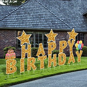 Jetec 18 Pieces Happy Birthday Yard Signs with Stakes, 16 Inches Birthday Outdoor Lawn Signs, Birthday Cake Balloon Patio Decorations, Garden Lawn Decorations for Birthday Party(Gold)
