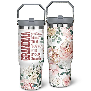 ysnifeiw 30oz Grandma Tumbler with Handle and Straw, Stainless Steel Insulated Nana Cup with Top Handle and Lid, Grandma Coofee Mug Christmas Birthday Gifts for Grammy/Gigi/Mimi