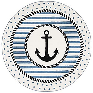 SAFAVIEH Carousel Kids Collection 5'3" Round Ivory / Navy CRK124A Nautical Anchor Nursery Playroom Area Rug
