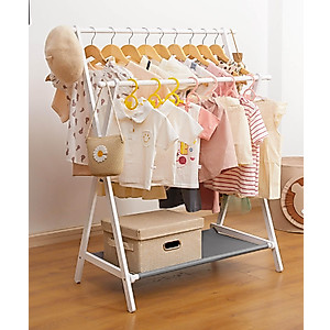 Cozivolife Kids Clothing Rack with 2 Hanging Rods and 4 Hooks, Kids Dress Up Rack with Bottom Storage Shelf, Child Garment Rack, Small and Foldable, Bamboo (White)