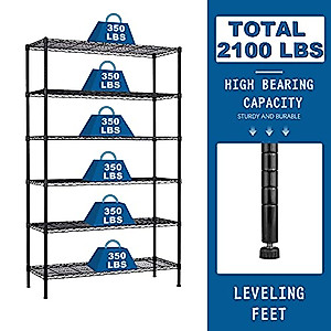 Hudada Garage Shelving 48 inch L×18 inch W×82 inch H Wire Shelving with Wheels Metal Storage Shelves Heavy Duty 6 Tier Adjustable Shelving with Casters for Restaurant Pantry Kitchen Rack - Black