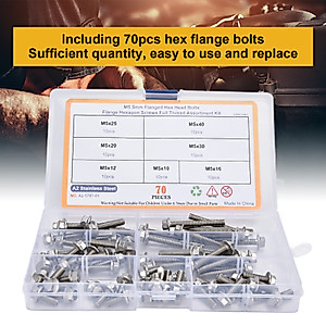 Fafeicy 70Pcs M5 Bolt Assortment Kit, Stainless Steel Hex Bolts Assortment, Hex Flange Bolts for Home Appliance Repair, Industrial Manufacturing, Outdoor Repa, Bolt