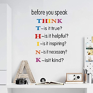 TOARTI Colorful Inspirational Quotes Wall Decals, Before You Speak Think Lettering Wall Stickers, Motivational Positive Saying Vinyl Wall Art for Kids Room Classroom Decor