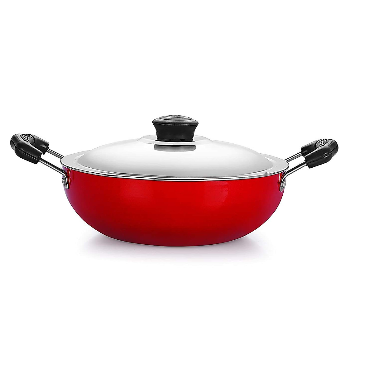 Non-Stick Coating Kadai / Fry Pan with Steel Lid 2.6 mm(Red) ,Valentine Day Gifts