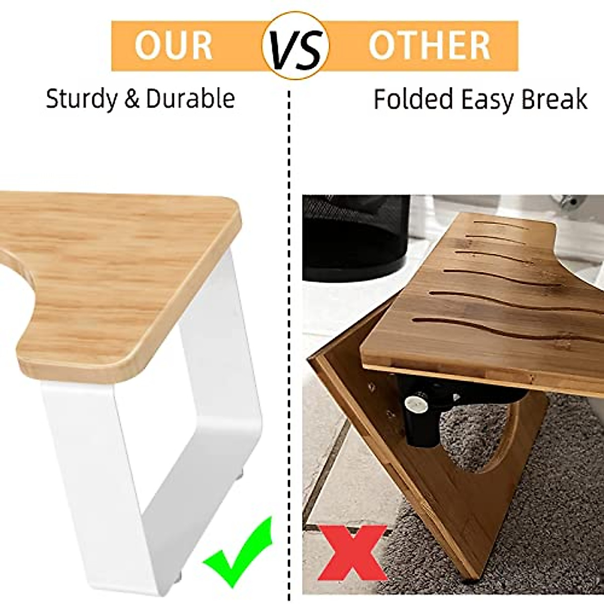 WOWOO HOME 7'' Wooden with Metal Squatting Toilet Stool, Bathroom Poop Stool for Adults, Potty Stool Anti-Slip Brown and White A01