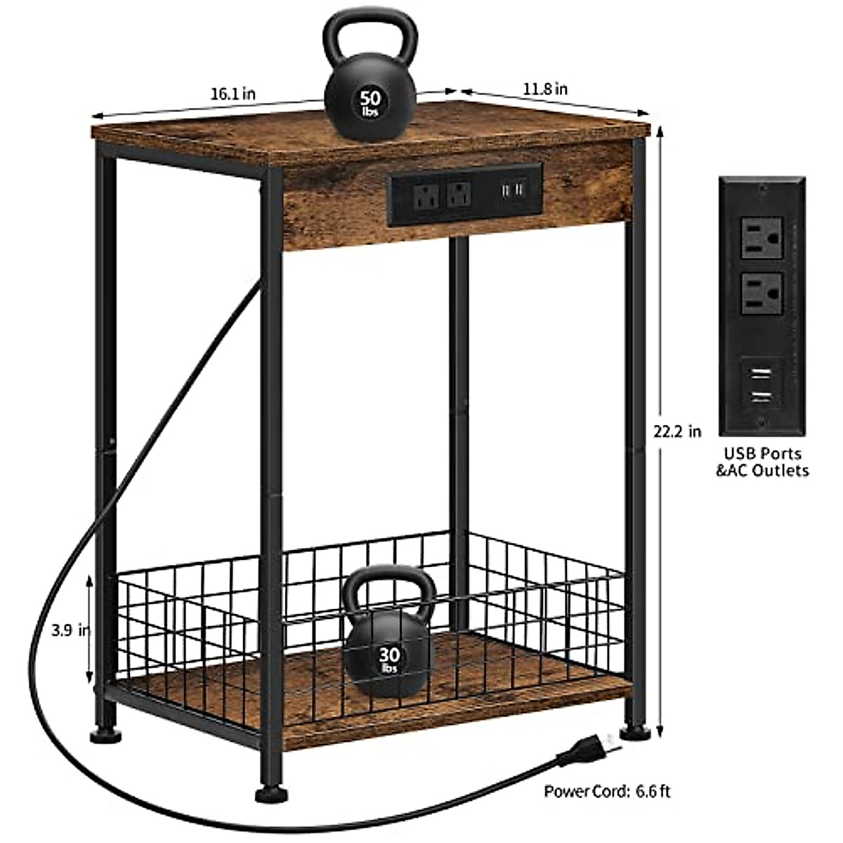 Vrisa Nightstand with Charging Station Bed Side Tables Set of 2 with USB Ports and Outlets Farmhouse Night Stand with Storage Basket Nightstands for Bedroom Living Room Industrial