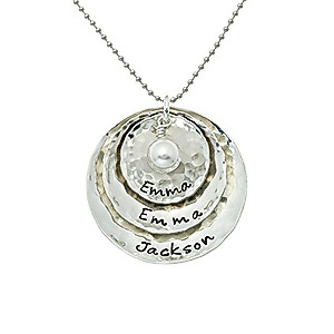 Tripio Personalized Sterling Silver Necklace with 3 Customizable Discs, Hand Finished and Adorned with a Swarovski Pearl. Choice of Sterling Silver Chain. Gifts for Her, Mother, Grandmother, Wife