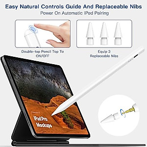 Stylus Pen 2.5X Faster Charge, Compatible with iPad 10th/9th/8th, iPad Pro (12.9"/11") in 2018-2023, iPad Mini 6th/5th, iPad Air 5th/4th/3rd, with Palm Rejection, More Durable Tip, White