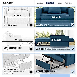 Esright 40 Inch Sleeper Bed 3-in-1 Convertible Futon Chair Multi-Functional Sofa Adjustable Reading Sofa with Modern Linen Fabric, Royal Blue