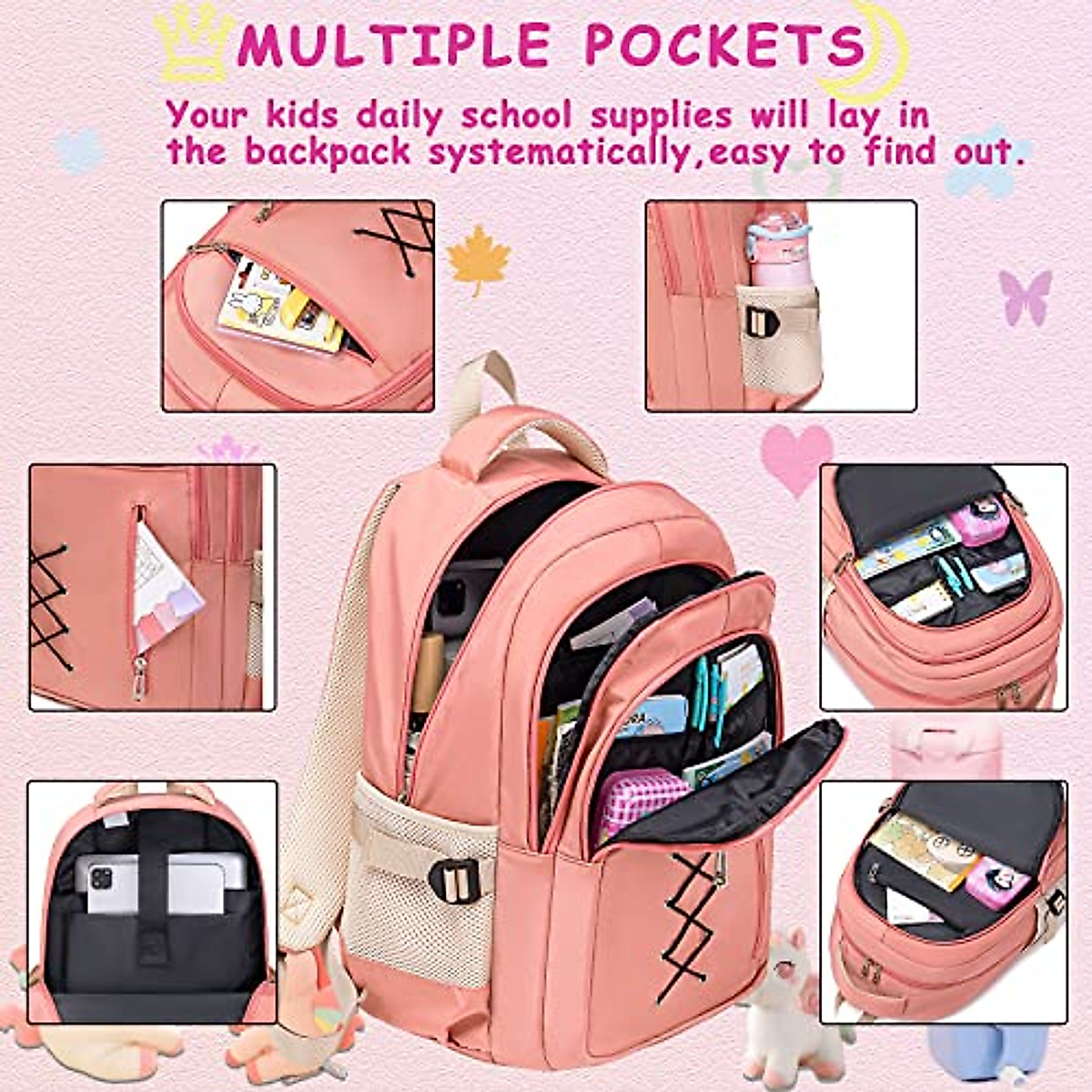 HotAdsFW Pink Backpack for Women Girls Laptop Backpack for Travel School Bag for Middle High School College Aesthetic Bookbag for Teen Girls with Multi Pockets Padded Shoulder Strap