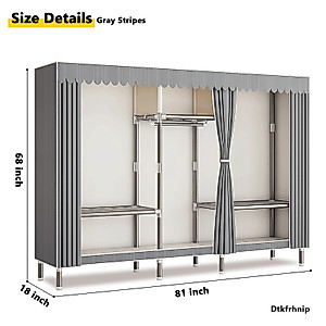 Dtkfrhnip 81 Inch Portable Closet Wardrobe, Foldable Closet with Gray Stripes Cover, Clothes Closet Storage Organizer with Hanging Rail Shelves, Quick and Easy to Assemble, Strong and Durable