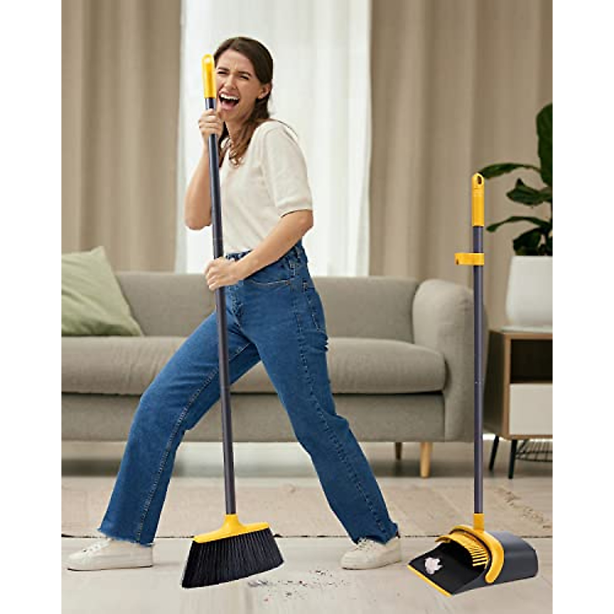 Broom and Dustpan Set, Broom and Dustpan, Broom and Dustpan Set for Home, Upgrade 52" Long Handle Broom with Stand Up Dustpan Combo Set for Office Home Kitchen Lobby Floor Use, Dust pan and Broom Set