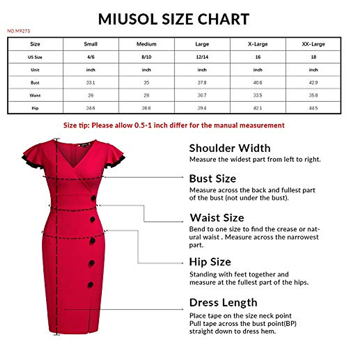 Miusol Women's Navy Style Deep-V Neck Vintage Evening Pencil Dress(X-Large,Red)