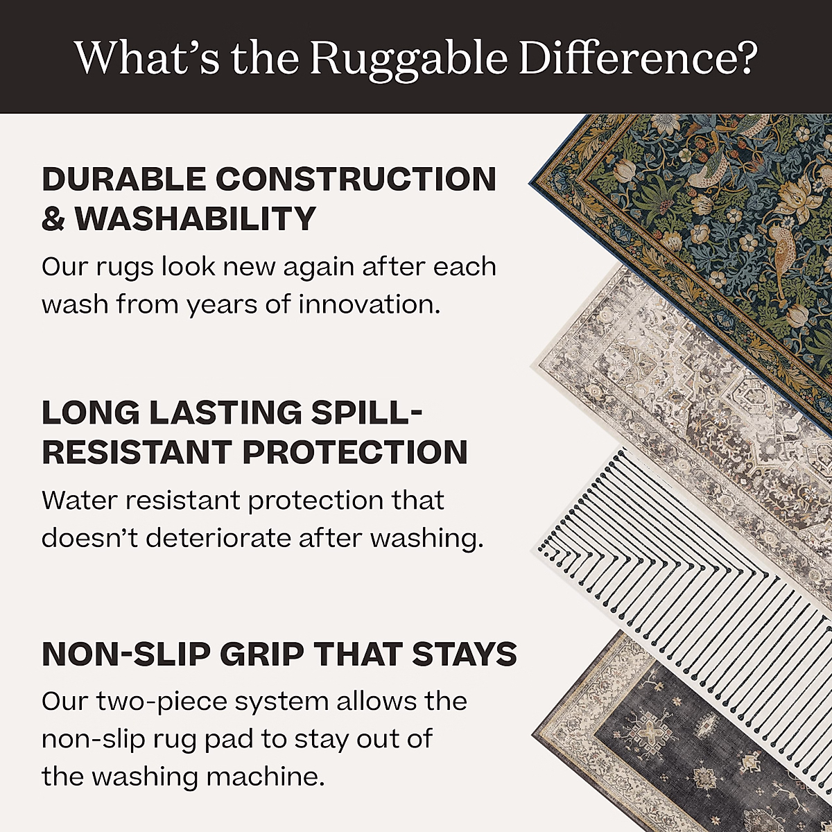 Ruggable Washable Plush 2x3 Area Rug, Moroccan Diamond, Premium Rugs for Living Room, Bedroom, Kitchen, Office, Classroom with Gripper Non Slip Pad