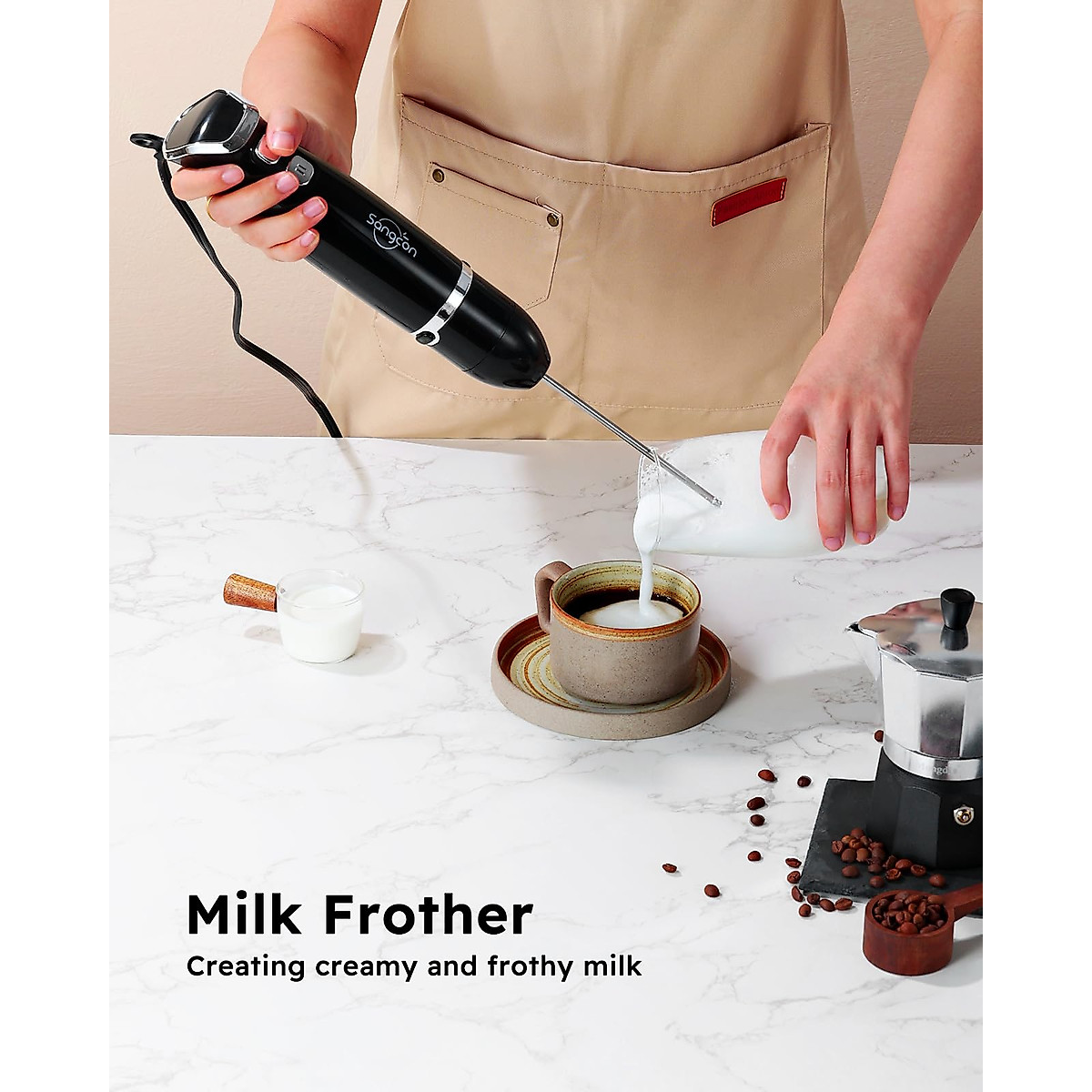 Sangcon Immersion Blender Handheld, 3-in-1 Hand Blender Electric, 400W Handheld Blender, Stainless Steel Blade Stick Blender with Whisk, Milk Frother Attachments - Black