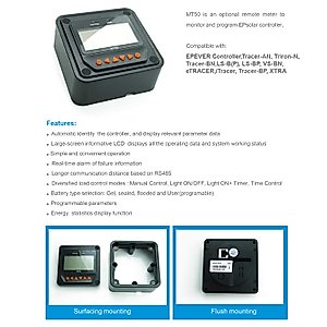 EPEVER MT50 Remote Meter for MPPT Solar Charge Controller 10/20/30/40A,50/60/80/100A LCD Display Monitoring Setting Datas of Solar Panel Battery Regulator System (MT50)