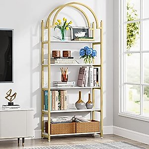 Tribesigns 5-Shelf Gold Etagere Bookcase, Modern Metal Open Arched Bookshelf, 72 Inches Tall Gold Shelves for Living Room, Bedroom(1, White+Gold)
