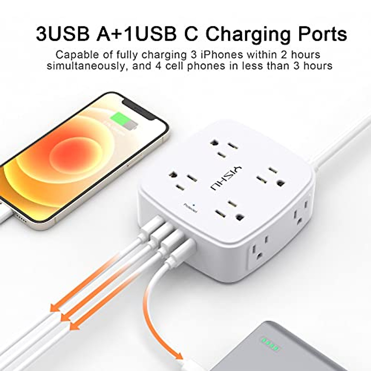 10 Ft Surge Protector Power Strip - YISHU 3 Side Outlet Extender with 8 Widely AC Outlets and 4 USB Ports, 10 Feet Extension Cord with Flat Plug, Wall Mount Desk USB Charging Station, ETL ,White