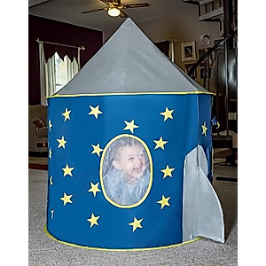 FoxPrint Rocket Ship Tent - Space Themed Pretend Play Tent - Space Play House - Spaceship Tent For Kids - Foldable Pop Up Star Play Tent Blue
