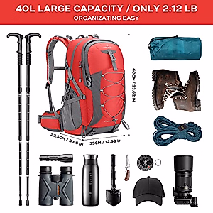 Maelstrom Hiking Backpack,Camping Backpack,40L Waterproof Hiking Daypack with Rain Cover,Lightweight Travel Backpack,Red