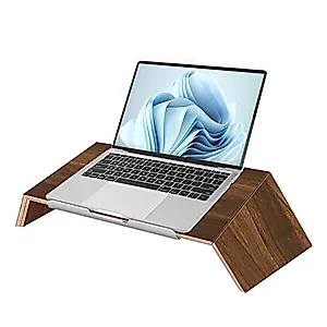 Laptop Stand Office Computer Riser - Wood Computer Riser, Ergonomic Laptops Elevator for Desk, Wooden Holder Compatible with MacBook Air Pro, Dell XPS, HP More 10-15.6” Notebook Laptops, Walnut