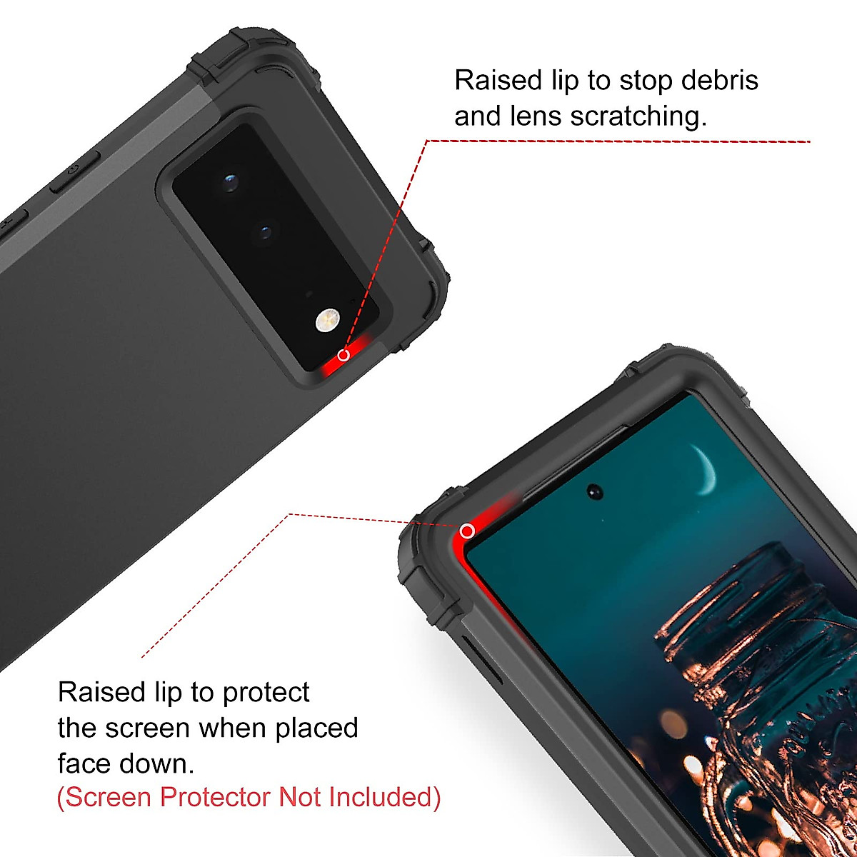 BENTOBEN Pixel 6 Case, Google Pixel 6 Case, 3 in 1 Heavy Duty Rugged Hybrid Shockproof Hard PC Cover Soft Silicone Bumper Impact Resistant Protective Phone Cases for Google Pixel 6 6.4 Inch, Black