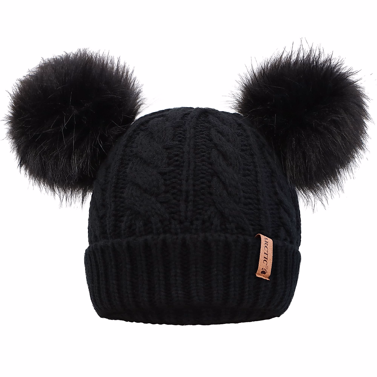 Arctic Paw Pom Pom Beanie Cable Knit Fleece Lined Winter Beanie Women Hat Black Beanie Women