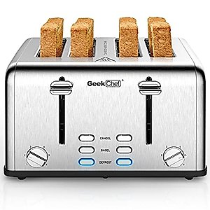 Geek Chef Toaster 4 Slice, Stainless Steel Toaster with Extra Wide Slots Bagel, Defrost, Cancel Function, Dual Independent Control Panel, Removable Crumb Tray, 6 Shade Settings and High Lift Lever
