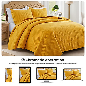 Lavsiry Mustard Yellow Quilt Queen Size with Striped Pattern, Lightweight Soft Summer Thin Microfiber Bedspread & Coverlet Bedding Set for All Seasons - 3 Piece(1 Quilt, 2 Pillow Shams)