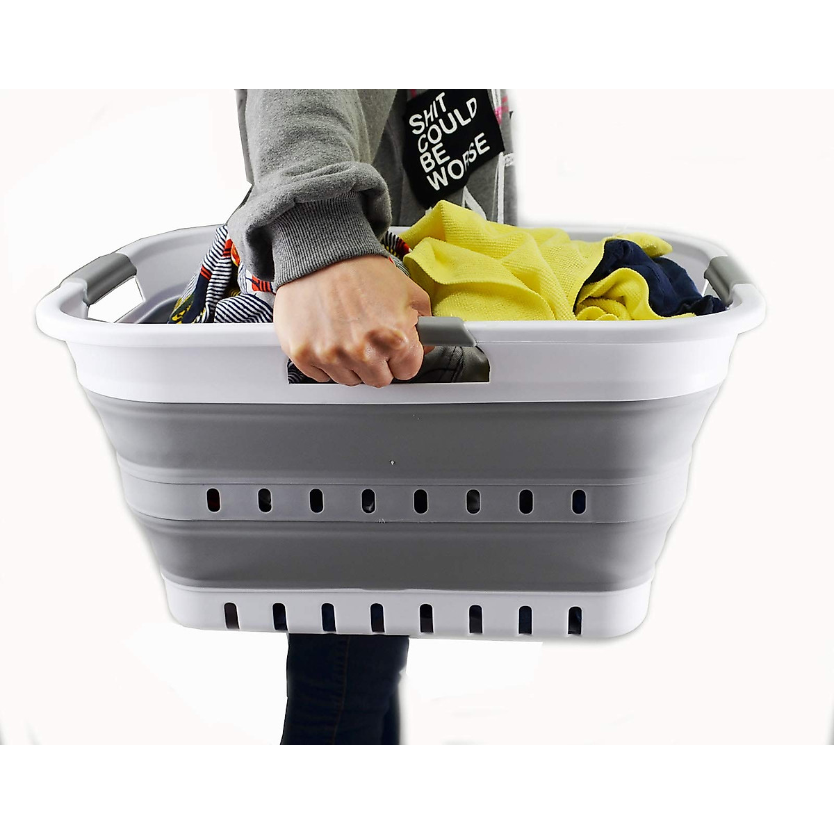 SAMMART 30L (8 gallon) Collapsible 3 Handled Plastic Laundry Basket - Foldable Pop Up Storage Container/Organizer - Space Saving Hamper/Basket (White/Grey)