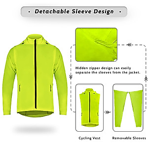 Men's Cycling Jacket with Detachable Sleeves Windbreaker Hooded Running Bike Jacket Golf Hiking Vest Lightweight Reflective