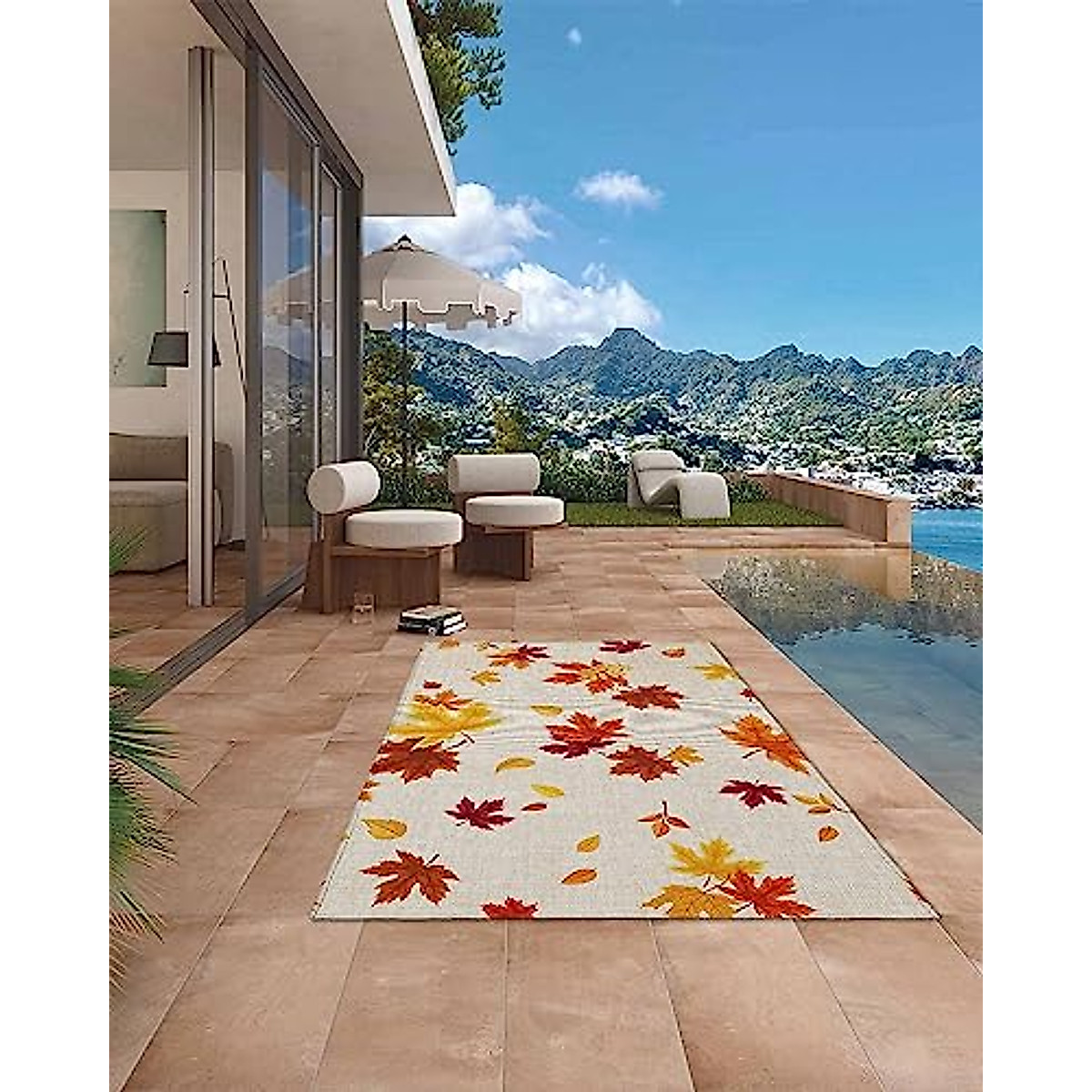 Autumn Maple Leaf Indoor/Outdoor Rug Mat Fall Thanksgiving Day Outside Carpet RV Camping Area Rugs with Rubber Backing for Living Room/Backyard Floor Decor Falling Leaves Seamless on Linen,4x6ft