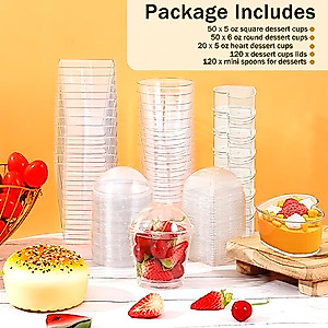 ALEXPRE 360 Pack 5oz 6oz Dessert Cups with Lids and Spoons, 3 Styles Clear Plastic Appetizer Cups Disposable Party Mini Parfait Cups for Serving Fruit Trifle Mousse Ice Cream and Pudding Dessert Cups
