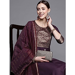 INDO ERA Indian Women's Magenta Cotton Blend Yoke Design Calf Length Straight Kurta Palazzo With Dupatta Set