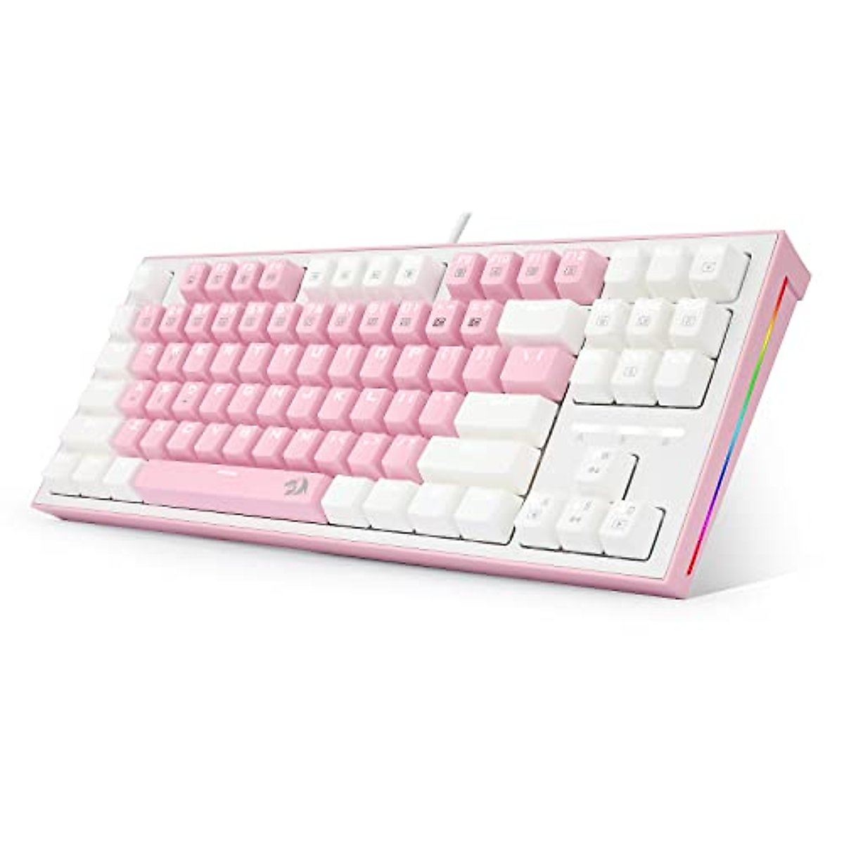 Redragon K611 Dual Color Keys Mechanical Gaming Keyboard Single White LED + RGB Side Edge Backlit 87 Key Tenkeyless Wired Computer Keyboard with Blue Switches for Windows PC (Pink + White)