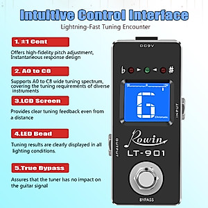 Rowin Guitar Tuner Pedal High Precision Chromatic Tuner with LCD Display for Guitar Bass Voline True Bypass LT-901
