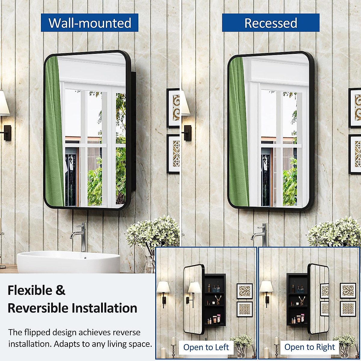 ACEMIRO 16x24 Inch Medicine Cabinet for Bathroom with Vanity Mirror Black Metal Framed Recessed Wall Mounted Bathroom Medicine Cabinet with Mirror