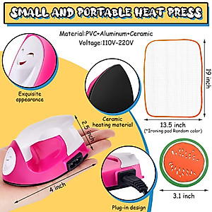 Mini Iron Mini Heat Press Portable Handy Heat Press Heat Transfer Machine with Mesh Cloth Pressing Cloth Pad Silicone Pad, Charging Base Accessories for T Shirt Shoe Bag (Rose Red)