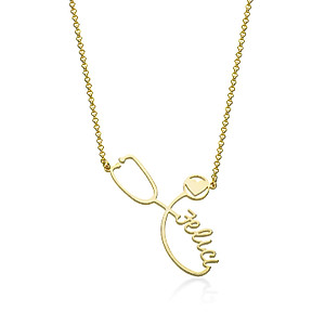 MOTIEL Jewelry Personalized Custom Stethoscope Name Necklace 925 Sterling Silver 10k 14k 18k Gold Engraving Name Pendant Necklace, Gifts for Doctor Nurse (Yellow Gold)