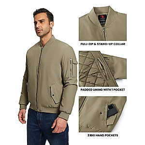 TBMPOY Men's Bomber Jacket Lightweight Winter Windbreaker Zip Up Padded Softshell Windproof Water-Resistant Casual Fall Coat Khaki L
