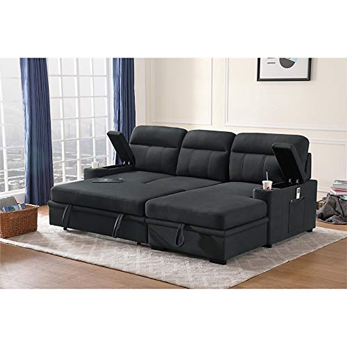 Lilola Home Kaden Black Fabric Sleeper Sectional Sofa Chaise with Storage Arms and Cupholder