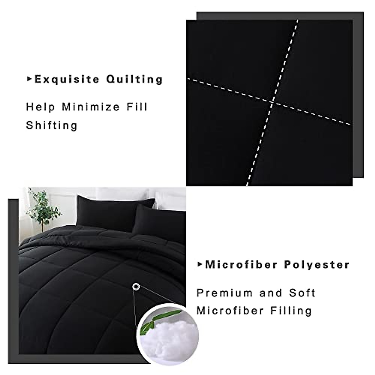 DOWNCOOL Queen Comforter Set -All Seasons Bedding Comforters & Sets with 2 Pillow Cases-3 Pieces Bed Set Queen Down Alternative Comforter Set -Black Bedding Comforter Sets Queen (88x90 inches)