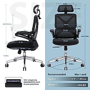 Memobarco Office Chair, Ergonomic Desk Chairs with Flip Up Armrest and Lumbar Support, Computer Mesh Chair with Adjustable Headrest and Tilt Function for Home Office Task