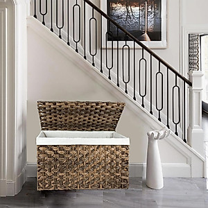 MOORLITER Wicker Storage Basket with Lid, 42.3 Gallon (160L) Large Blanket Basket with Lid, Woven Storage Bin with Handles, Removable Liner, Metal Frame, Foldable, for Bedroom, Laundry Room, Brown