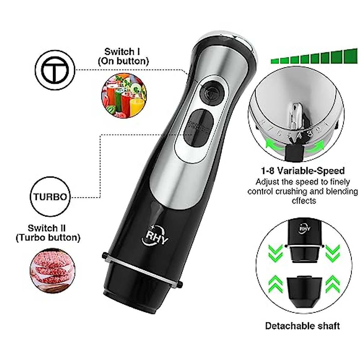 𝐑𝐇𝐘 Electric Immersion Hand Blender Blender Mixer 𝟓 𝐢𝐧 𝟏 hand blender Electric Immersion with Stainless Steel Blades 500W power, with 4 Interchangeable blades, suitable for vegetables, fruits, milkshakes, coffee.