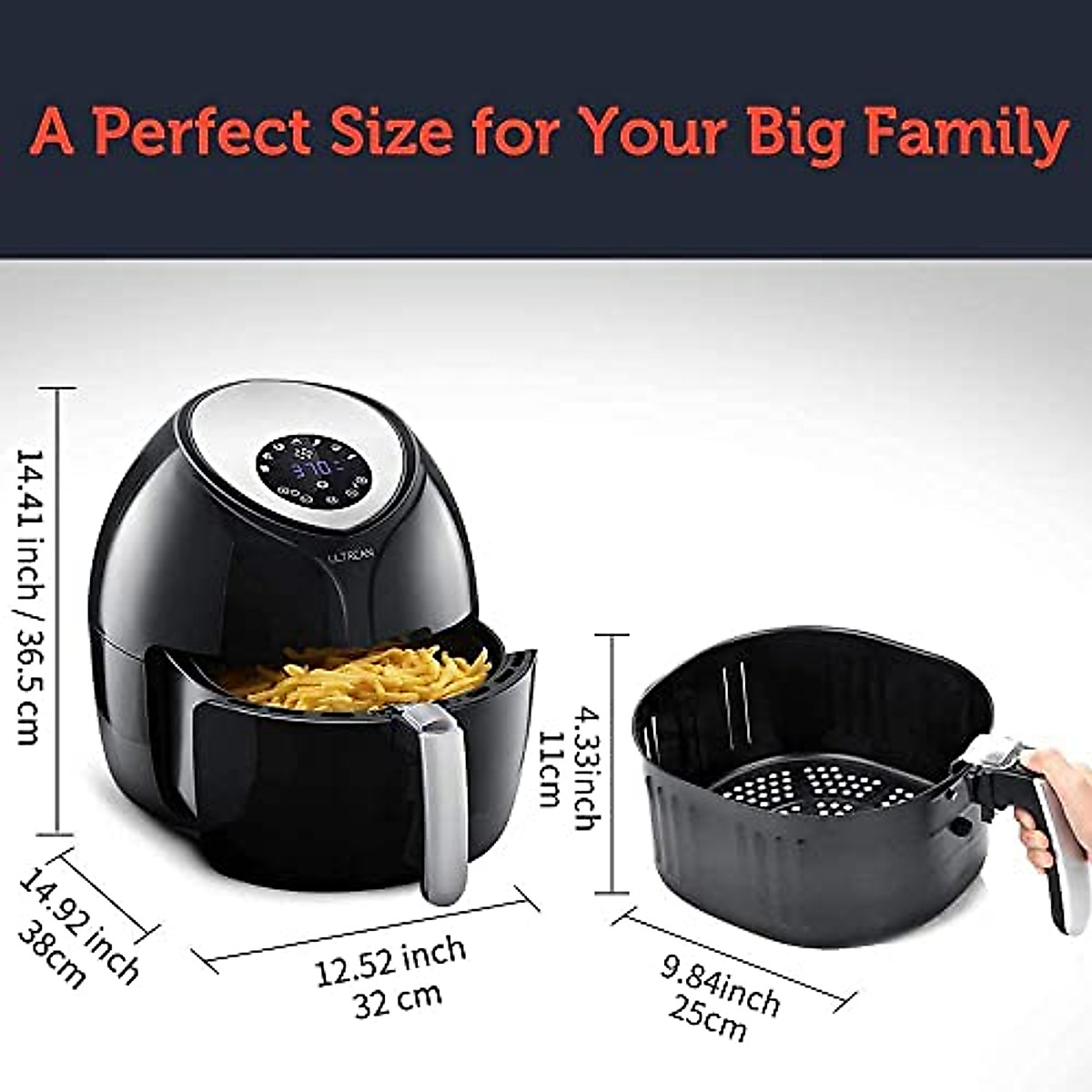 Ultrean Air Fryer 6 Quart , Large Family Size Electric Hot Airfryer XL Oven Oilless Cooker with 7 Presets, LCD Digital Touch Screen and Nonstick Detachable Basket,UL Certified,1700W (Black)