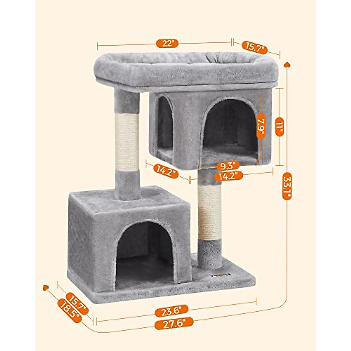 Feandrea Cat Tree, 33.1-Inch Cat Tower, L, Cat Condo for Large Cats up to 16 lb, Large Cat Perch, 2 Cat Caves, Scratching Post, Light Gray UPCT61W