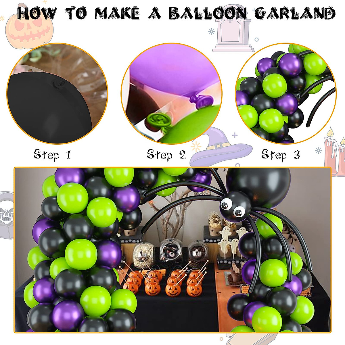 Halloween Balloon Arch Garland Kit with Big Spider DIY Balloons, Matte Black Lime Green Purple Metallic Latex Balloons Garland with Eye Balloons for Halloween Party Home Garden Outdoor Decorations