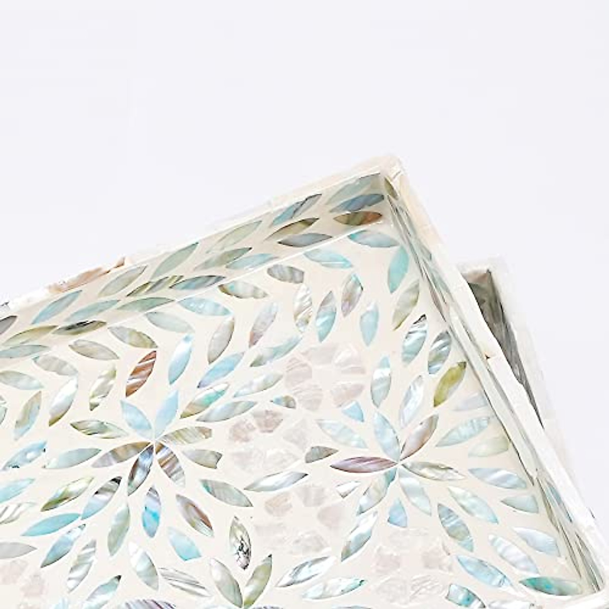 Handmade Serving Trays, Mother of Pearl Inlay Decorative Tray for Room Decor, Coffee Table Tray with Handles Set of 2 Length 16'' and 14'' Trays (TPSET-US)